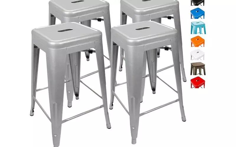 UrbanMod 24” Counter Height Bar Stools 330lb Capacity Gray Kitchen Chair Island Kunze Industrial Galvanized Metal, Silver