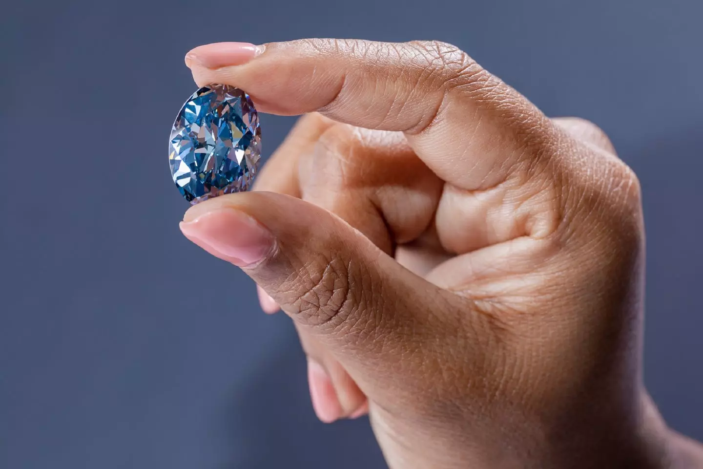 Okavango Blue Diamond gefüllt mit Bor in einer gepflegten Hand auf grauem Hintergrund