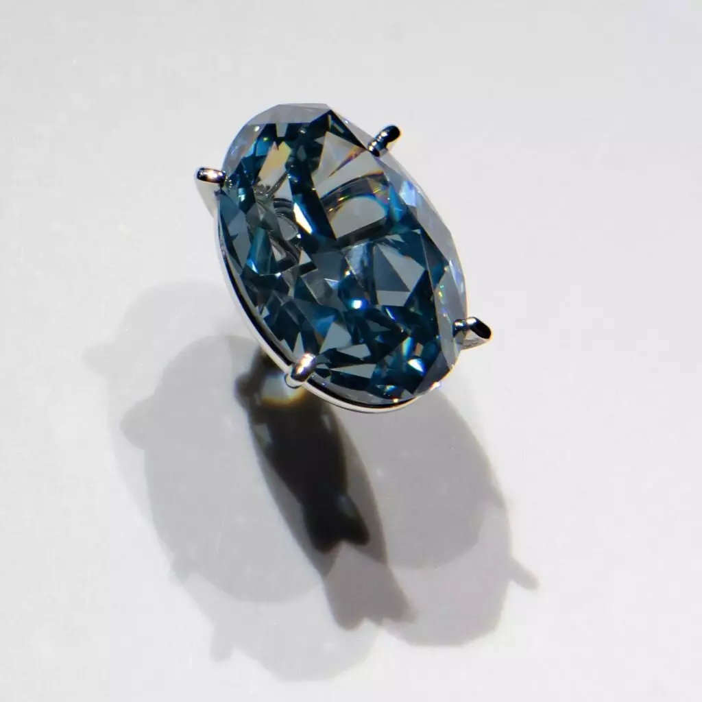 Okavango Blue Diamond, монтиран в Американския музей по естествена история, зали на скъпоценни камъни и минерали