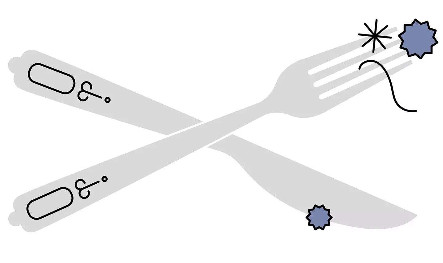 Uma ilustração de um garfo e faca com coisas grosseiras neles.