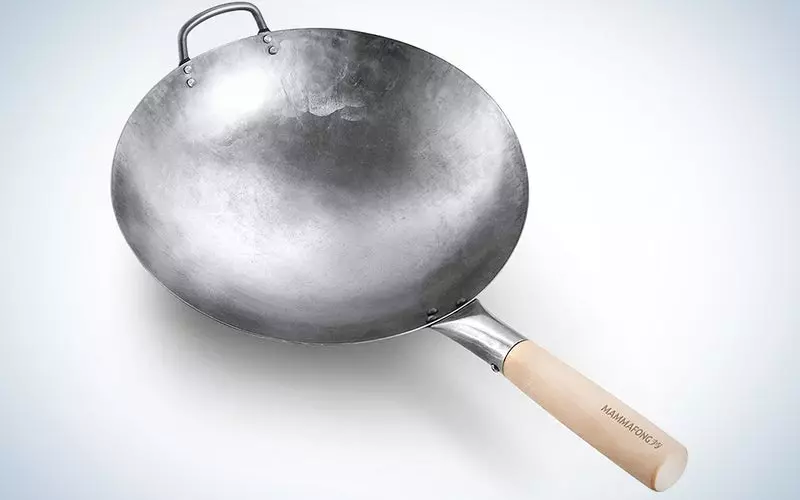 Craft Wok Traditionell handhamrad kolstål Pow Wok med hjälphandtag av trä och stål