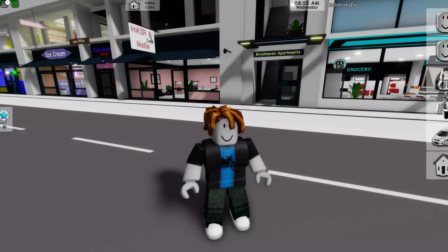 Një personazh Roblox që qëndron në mes të një rruge në një qytet virtual.